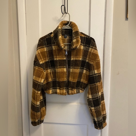 SHEIN | Jackets & Coats | Brown Plaid Cropped Shearling Style Jacket ...